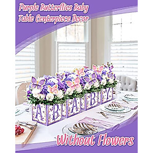 Levfla Purple Butterfly Baby Centerpiece Boxes with Butterfly Cutouts, Party Floral Arrangement, Baby Shower Table Decoration without Flowers, Set of 4 Blocks & 8 PCS Butterfly Cardstocks