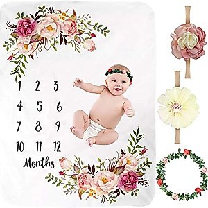 SPOKKI 4 PCS Baby Monthly Milestone Blanket, 51"x40" Premium Fleece Floral Memory Blankets kit for Newborn Girls Boys Photography Props and Mom Nursery Shower Gift (Pink)