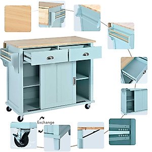 Appot Kitchen Cart with Rubber Wood Drop-Leaf Countertop, Concealed Sliding barn Door Adjustable Height,Kitchen Island on 4 Wheels with Storage Cabinet and 2 Drawers