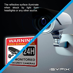 iSYFIX Video Surveillance Warning Sign Sticker - 4 Pack 7x6 inch - CCTV Security Premium Self-Adhesive Reflective Vinyl, Laminated for Ultimate UV Protection, Water & Fade Resistance, Indoor & Outdoor