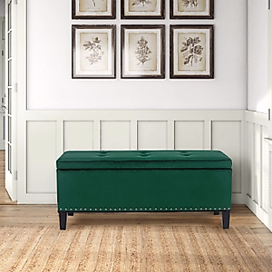 Adeco Rectangular Storage Ottoman, Velvet Tufted End of Bed Bench with Rivet, Footrest Stool Coffee Table for Living Room Bedroom Entryway, Need Assembly, Green