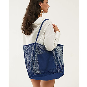 Mesh Beach Tote Womens Shoulder Handbag (Tan, Navy)