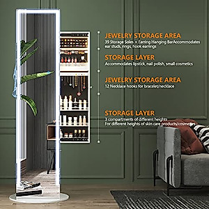 LVSOMT 360°Swivel Full-Length Mirror Jewelry Cabinet Armoire, Touch Screen Full Body Mirror with Jewelry Storage, Large Floor Jewelry Organizer for Bedroom, w/Coat Rack, Shelves(White)