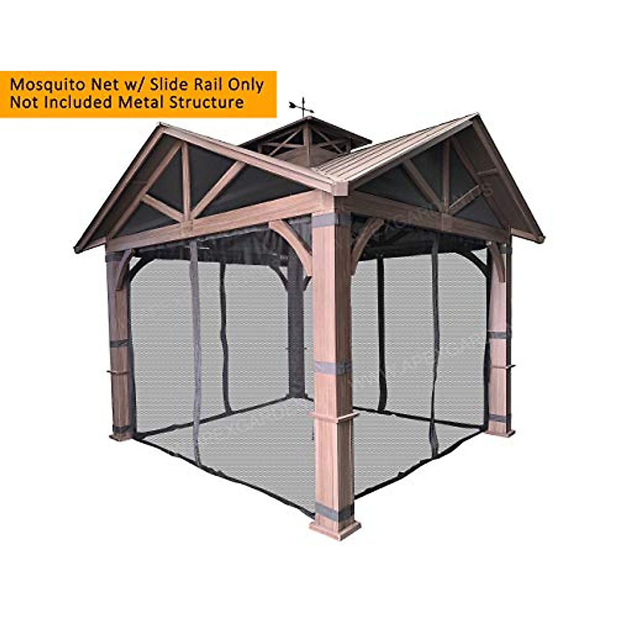Gazebo Mosquito Netting with Slider Rail for Allen + roth Model #GF-18S112B Wood Looking Hand Paint Metal Square Semi- Gazebo (Screen Net ONLY) (Screen Net with Metal Slider Rail, Black-1)