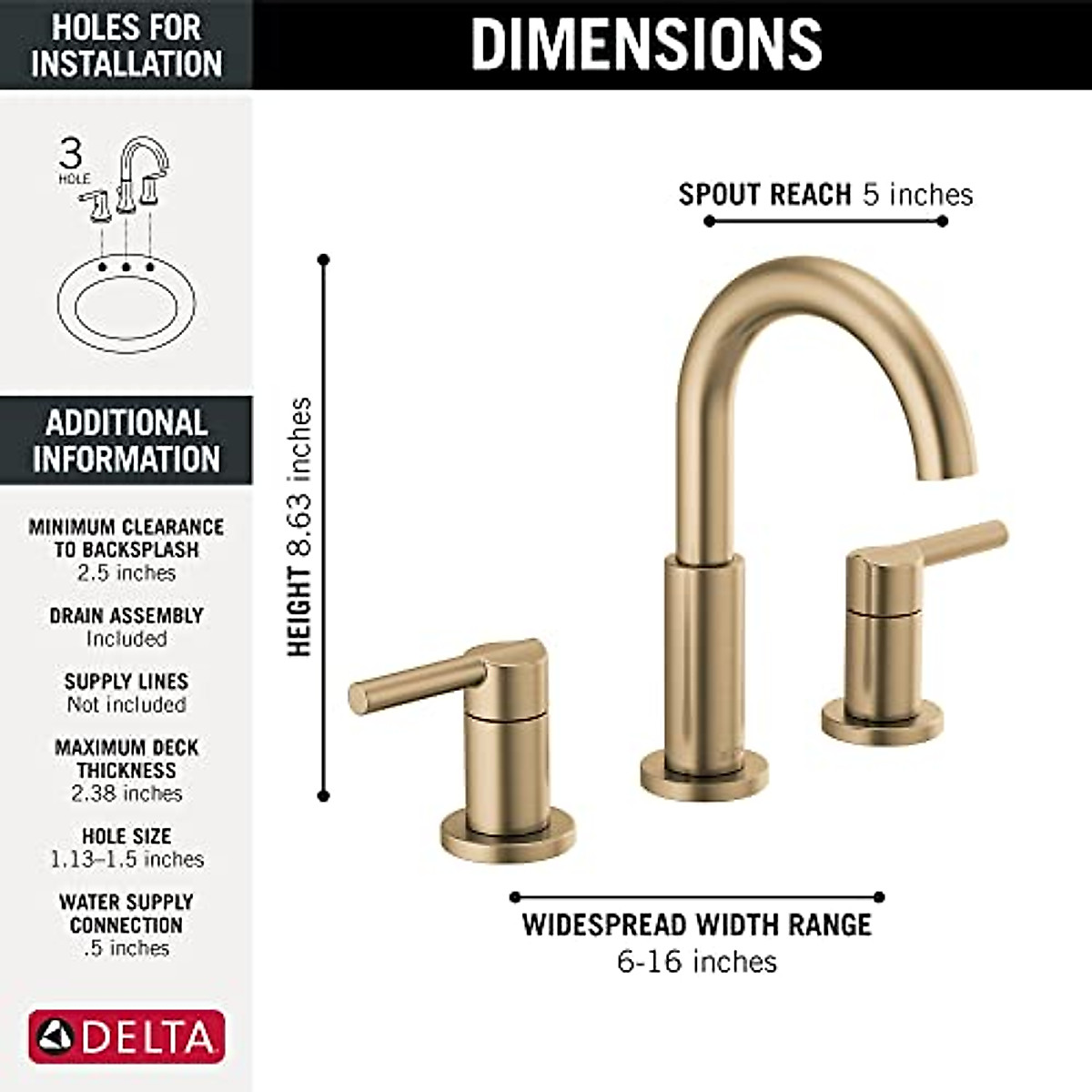 Delta Faucet Nicoli Widespread Bathroom Faucet 3 Hole, Gold Bathroom Sink Faucet, Drain Assembly, Champagne Bronze 35749LF-CZ