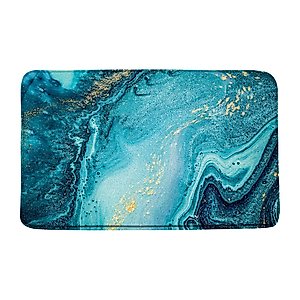 Turquoise Marble Texture Bath Mat Teal Gold Blue Mable Granite Natural Luxury Ombre Abstract Modern Geometry Artwork Contemporary Bathroom Memory Foam Kitchen Rugs,17.8x29.5 Inch