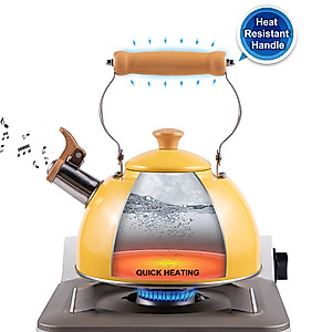 ROCKURWOK Tea Kettle, Tea Pot with Cool Touch Ergonomic Handle, Teapot Food Grade Stainless Steel, Tea Kettle Stovetop, Kettle Teapot, Whistling Tea Kettle, Tea Kettle Pot, 2.7 Quart (Yellow)