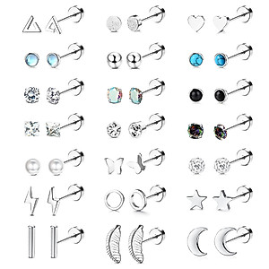 SAILIMUE 21Pairs Stainless Steel Stud Earrings Set for Women Men 20G Tiny Cartilage Stud Earrings Star Moon Triangle Heart Leaf Opal Stud Earrings Hypoallergenic Flat back Earrings Piercing Jewelry