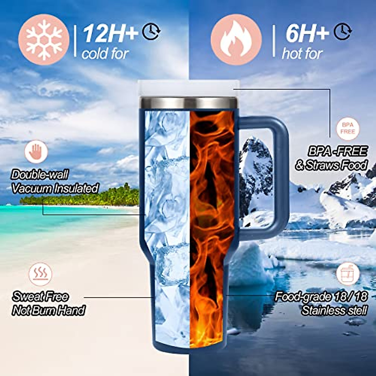 Buschun 40 oz Tumbler With Handle and Straw Lid Insulated Reusable Stainless Steel Water Bottle Travel Mug Iced Coffee Cup for Car and Home and Cold Beverages (Storm Blue)