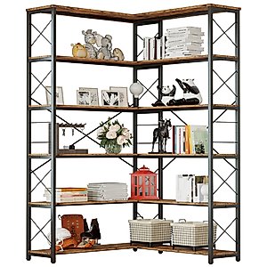 IRONCK 6-Shelf Corner Bookcase, Vintage Industrial Corner Bookshelf Etagere Bookcase, 6 Tiers Corner Shelf Storage Rack with Metal Frame for Living Room Home Office