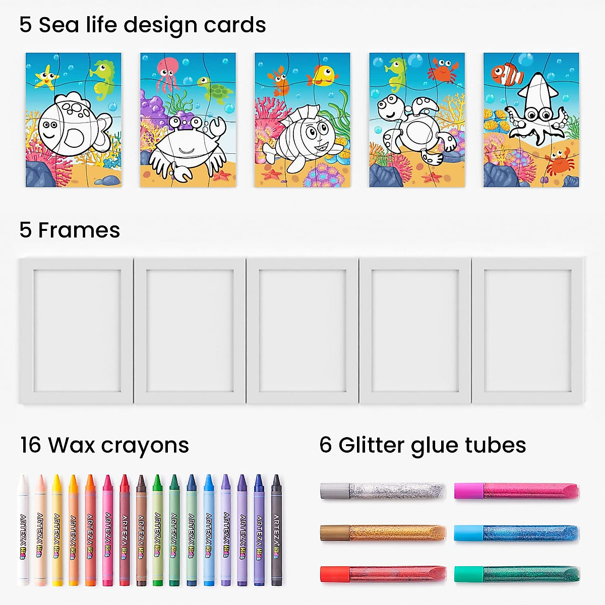 Arteza Kids Coloring Puzzle Kit, 5 Sea Life Puzzles, 16 Crayons, 6 Tubes of Glitter Glue, 5 Frames, DIY and Screen-Free Kids’ Activities, Craft and Art Supplies for Ages 3 and Up