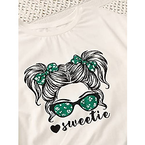 SOLY HUX Girl's Two Piece Outfits Summer Tops Short Sleeve T-Shirt Figure Graphic Tee and Pants Bell Bottom Flared Pants Set White and Green 9 Years