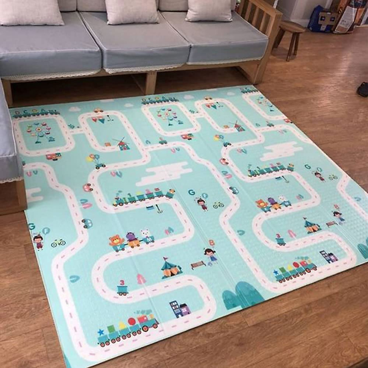 Reversible Waterproof & Non-Toxic Tummy Time Soft Foam Floor Playmat with Thick Cushion for Infants & Toddlers Portable Large Gym Carpet Playroom Mat 77x69 Inch (0.6in)