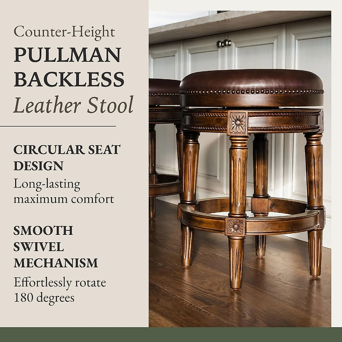 Maven Lane Pullman 26 Inch Tall Counter Height Upholstered Backless Barstool in Dark Walnut Finish with Vintage Brown Vegan Leather Cushion Seat