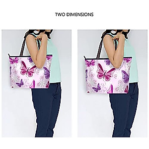 Tote Bag Art Purple Butterfly Print, Large Capacity Zipper Women Grocery Bags Purse for Daily Life 2 Sizes