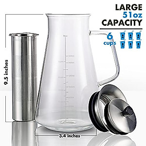 Aquach Airtight Cold Brew Coffee (Iced Tea) Maker 51oz/1.5L, BPA-Free, Durable Borosilicate Glass Pitcher and Stainless Steel Fine-Mesh Filter, Dishwasher Safe, Spill-proof, 6 Cups Capacity