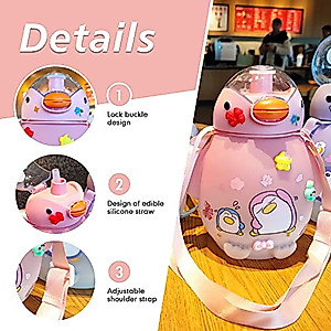 TEAUSA Girls Kawaii Water Bottle with Straw and Adjustable Shoulder Strap, 53oz Large Capacity Cute Water Bottles With 3D Kawaii Sticker for School, Office, Picnic, Camping, Hiking (Pink)