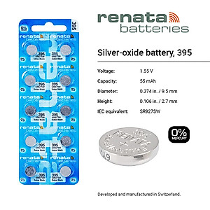 Renata 395 SR927SW Batteries - 1.55V Silver Oxide 395 Watch Battery (10 Count)