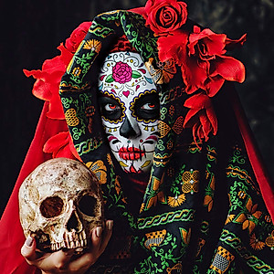 Day of the Dead Face Tattoos - 10 Pack Día de Los Muertos Temporary Face Sticker Kit Halloween Decorations Sugar Skull Costume Makeup Decor Glitter Red Roses Skeleton Full Face Mask Tattoos Temporary