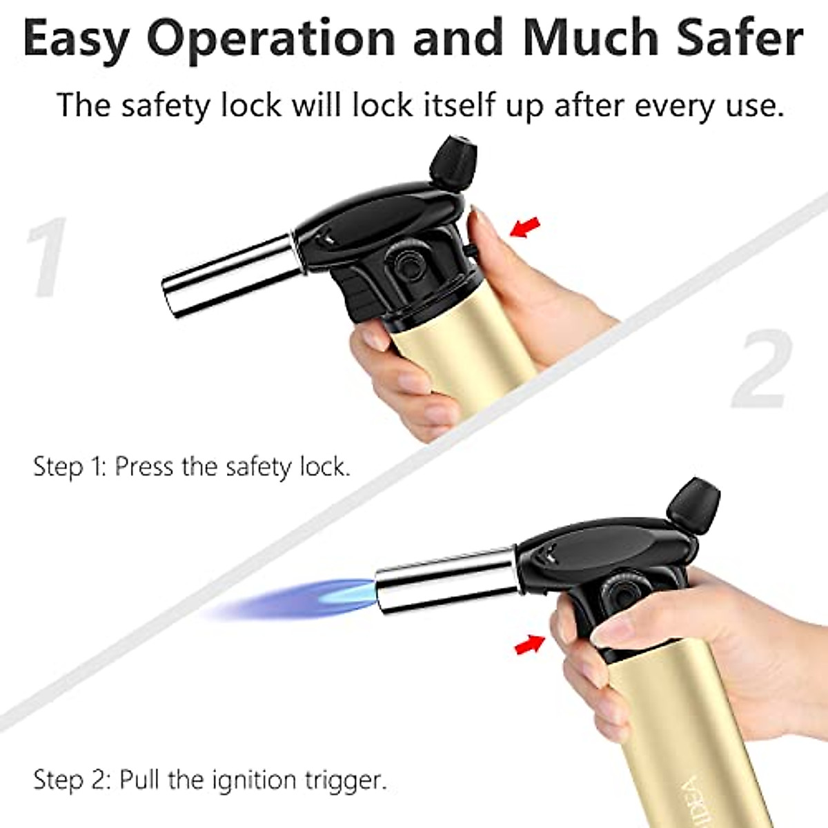 REIDEA Kitchen Torch, Butane Refillable with Automatic Safety Lock, Large Capacity, Adjustable Flame, Torch Lighter for Creme Brulee, BBQ and Baking, T2(Butane Gas Not Included)