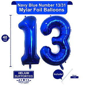 40 Inch Navy Blue 13 Number Balloons Giant Jumbo Huge 13 or 31 Foil Mylar Helium Number Digital Balloons Dark Blue Birthday Mylar Digital Balloons 13th 31st Birthday Party Decorations Supplies