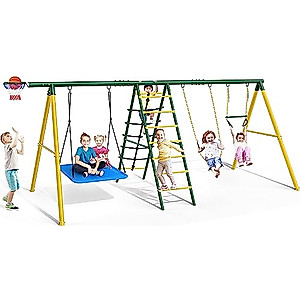 Swing Sets for Backyard, Osoeri 6 in 1 Swing Set, 440 lbs Heavy-Duty Metal Swing Sets for Backyard with Two Swings, Climbing Ladder and Nets, Trapeze Bar and Basketball Hoop
