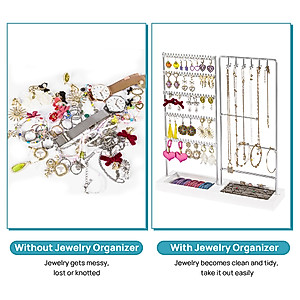 Vtopmart Jewelry Holder Organizer Stand Tree for Earring Necklace Ring Bracelets Display and Storage, with 90 Holes, 12 Hooks, Silver+White