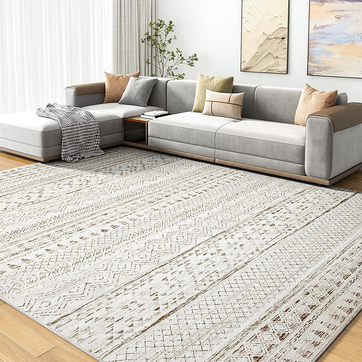 8x10 Area Rugs for Living Room Rugs, Washable Rug Neutral Carpet Soft Boho Rug for Bedroom, Large Area Rug for Play Room Dining Room Rug Indoor Brown