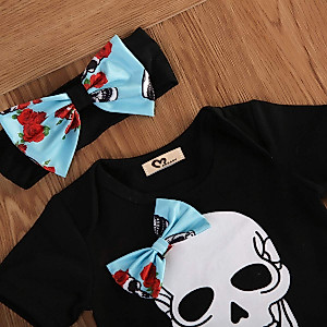 Yuemengxuan 4PCS Infant Newborn Baby Boys Girl Skull Romper+Pants+Hat+Mitten or Headband Halloween Clothes Outfit Set (Black+Blue, 0-6 Months)