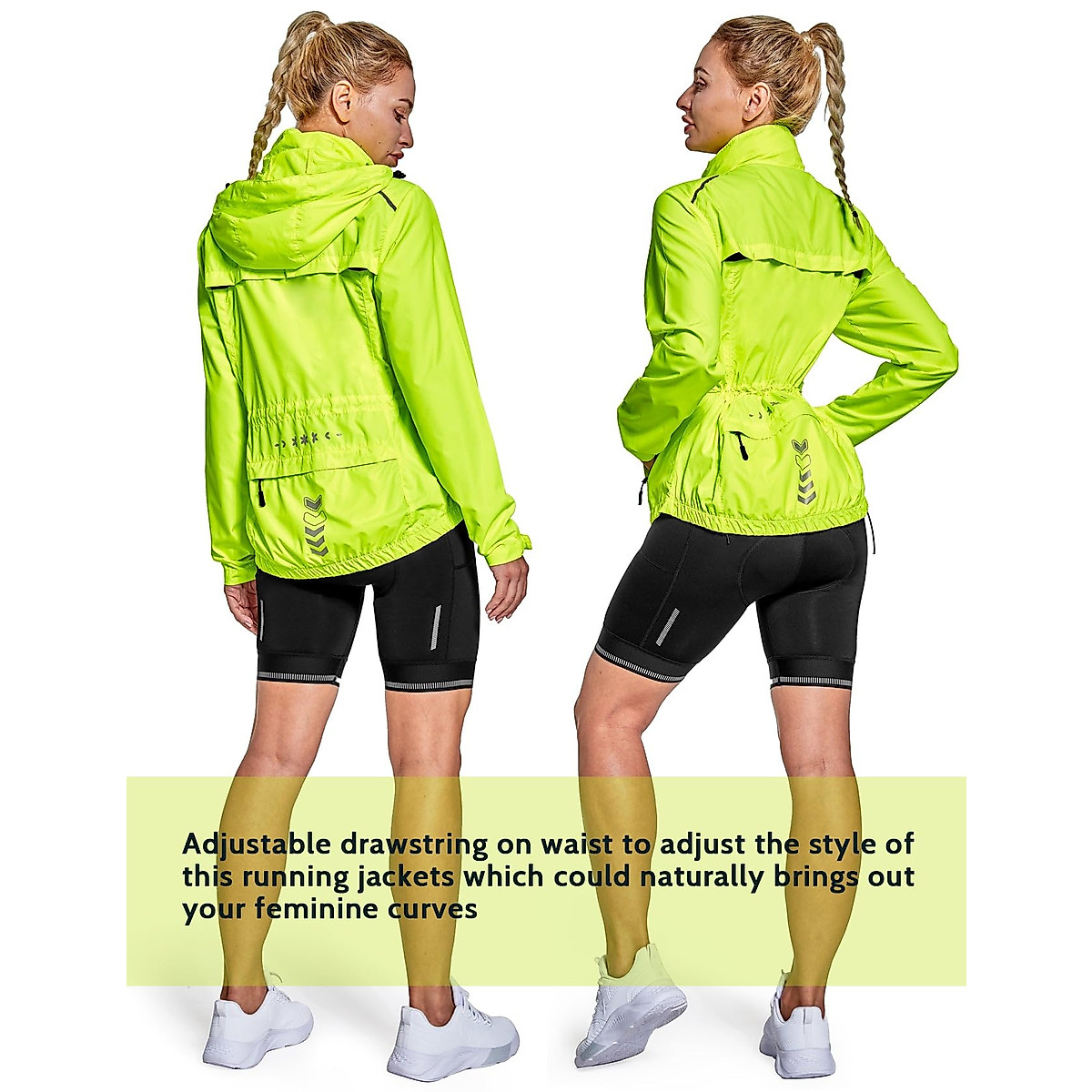 FitsT4 Sports Women's Cycling Running Jackets Lightweight Windproof Bike Windbreaker Reflective with Hood Fluorescent Yellow Size S