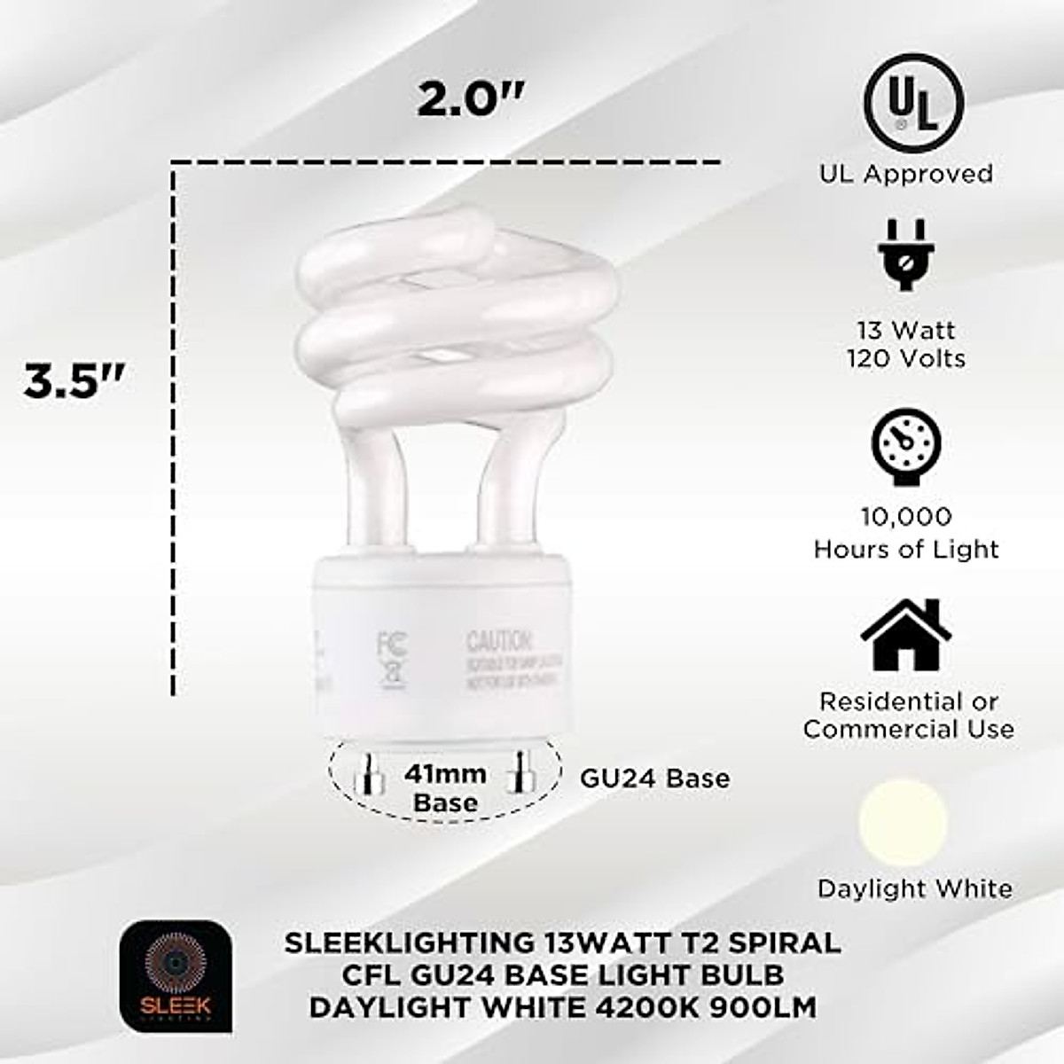 SLEEKLIGHTING - 13Watt GU24 Base 2 prong light bulbs- UL approved-120v 60Hz - Mini Twist Lock Spiral -Self Ballasted CFL Two Pin Fluorescent Bulbs- 4200K 900lm Cool White 4pack (60Watt Equivalent)