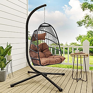 YITAHOME Hanging Egg Swing Chair Outdoor Wicker Hammock Chairs Indoor with Steel Stand UV Resistant Cushion 350lbs for Patio, Bedroom, Garden and Balcony, Brown