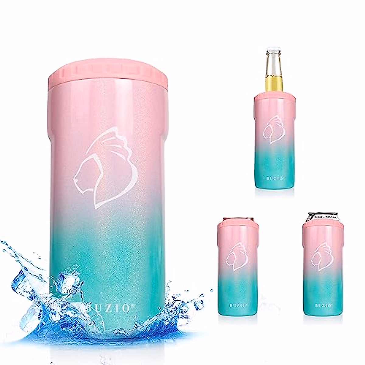 BUZIO 3-in-1 Insulated Can Cooler for 12oz, Double Walled Stainless Steel Can Holder and Beer Bottle Holder, 6 Hours Cold, Can Coozie Drink Cooler for 12 oz Slim Cans, Regular Cans, Bottles
