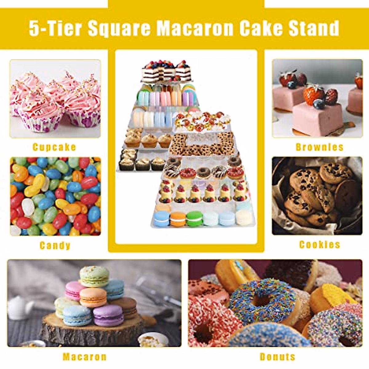 5 Tiers Square Macaron Tower Stand, Plastic Transparent Cake Stand Macaroon Display Rack Desserts Cupcake Holder Platter for Wedding, Birthday Party, Baby Shower, Party Decor by Greatstar