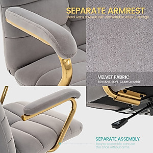 MFD LIVING Velvet Home Office Desk Chair, Upholstered Adjustable Swivel Task Chair with Wheels, Tufted Mid-Back Computer Chair with Arms, for Study Living Room Vanity (Grey, Gold Base)