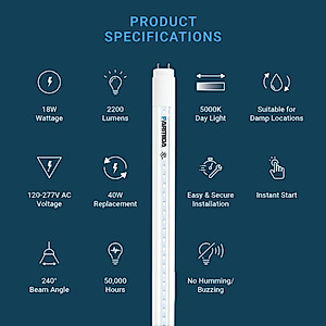PARMIDA 20-Pack LED T8 Hybrid Type A+B Light Tube, 4FT, 18W (40W Replacement), Clear Cover, Single-End OR Dual-End Powered, 5000K (Day Light), 2200lm, Works with/Without Ballast, UL