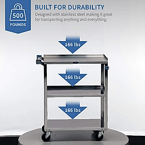 Lakeside 444 Heavy Duty Utility Cart, 3 Shelves, Stainless Steel, 500 lb. Capacity, 22-3/8" x 39-1/4" x 37-1/4"