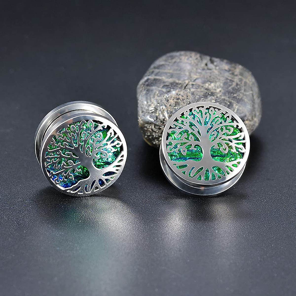 COOEAR Fake Opal Life Tree Gauges for Ears Silver Screw Back Upgrade Plugs and Tunnels Flesh Stretchers 0g to 1 Inch.