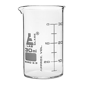 EISCO 12PK Beakers, 30ml - ASTM - Low Form with Spout - Dual Scale, White Graduations - Borosilicate 3.3 Glass