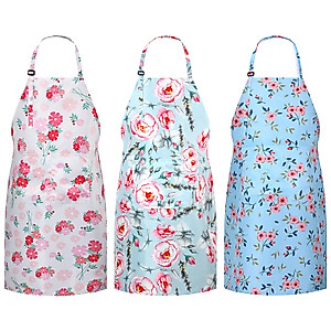 Yinkin 3 Pcs Plus Size Apron for Women with Pockets, Floral Womens Aprons with Adjustable Strap and Waist Ties for Kitchen Gardening Woman Girls Baking Household Cleaning Gardening Supplies