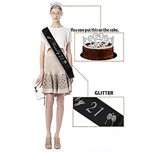 21st Birthday Sash and Tiara for Women - Fabulous Set: Glitter Sash + Floating Heart Rhinestone Silver Premium Metal Tiara for Women, 21st Birthday Gifts for 21st Birthday Party