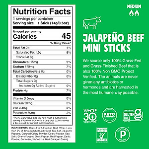 Chomps Snack Size Grass-Fed and Finished Jalapeño Beef Jerky Snack Sticks 0.5oz 24-Pack - Keto, Paleo, Whole30, 4g Lean Meat Protein, Gluten-Free, Zero Sugar Food, Non-GMO Chomplings
