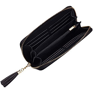 Travelambo Womens Wallet Tassel Bifold Ladies Cluth Wristlet Wrist strap Long Purse (Access Black)