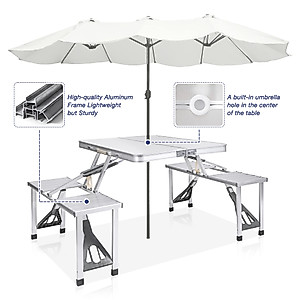 Koreyosh Folding Camping Table Chair Set, Aluminum Suitcase Portable Camping Picnic Table with 4 Seats,Umbrella Hole for Party, BBQ, Beach(Silver)