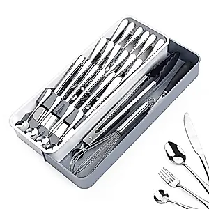 Aionvidas Expandable Silverware Organizer Storage Tray, Compact Cutlery Organizer in Kitchen Drawer, Adjustable and Removable Flatware Organizer for Kitchen Drawer Holding Utensils Spoons Knife Forks