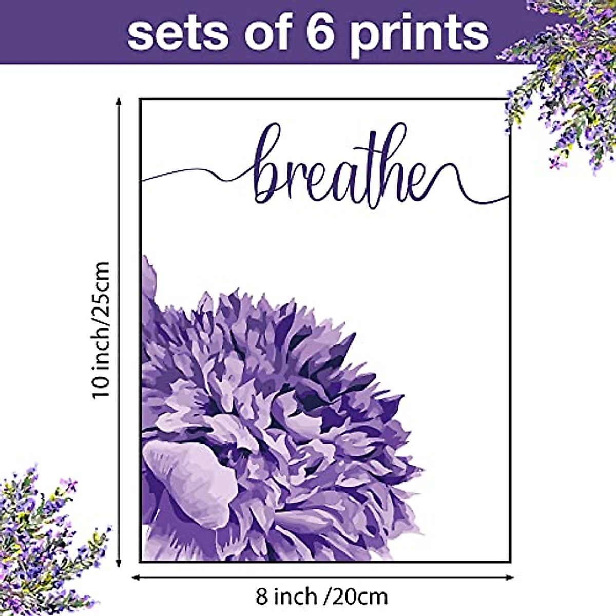 Outus 6 Pieces Purple Wall Art Decor Relax Soak Wash Breathe Unwind Bathroom Decor Unframed Flower Poster Prints Photos Farmhouse Wall Painting Decor for Home Bathroom Washroom, 8 x 10 Inch (Purple)