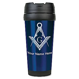 LaserGram 16oz Coffee Travel Mug, Freemason Symbol, Personalized Engraving Included (Dark Blue)