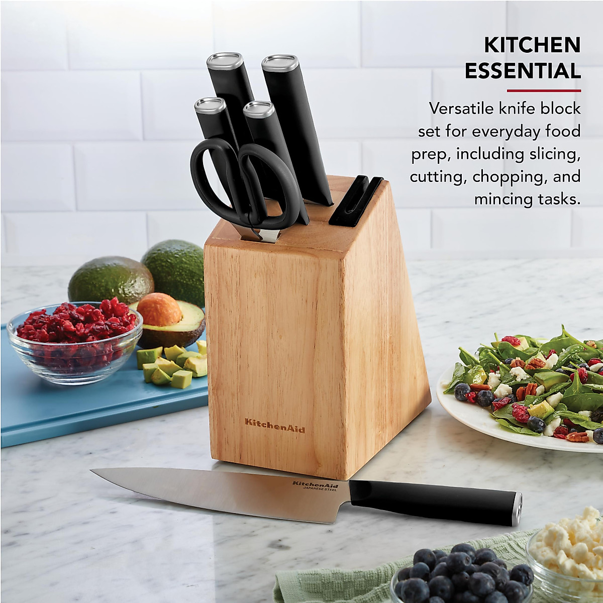 KitchenAid Classic 7-Piece Natural Knife Block Set with Built-In Sharpener, High-Carbon Japanese Stainless Steel Knives, Black