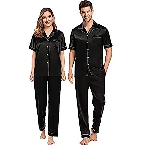 SWOMOG Pajamas Sets Women Silk Satin Sleepwear Short Sleeve Pjs Top with Long Pants Nightwear Set Loungewear Set Black
