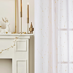 Deconovo 45 Inch Curtains for Kitchen, White Sheer Curtains for Cafe, Grommet Top Semi Sheer Curtains, Foil Printed Light Filtering Curtains for Dining Room(52W x 45L, White/Gold, 2 Panels)